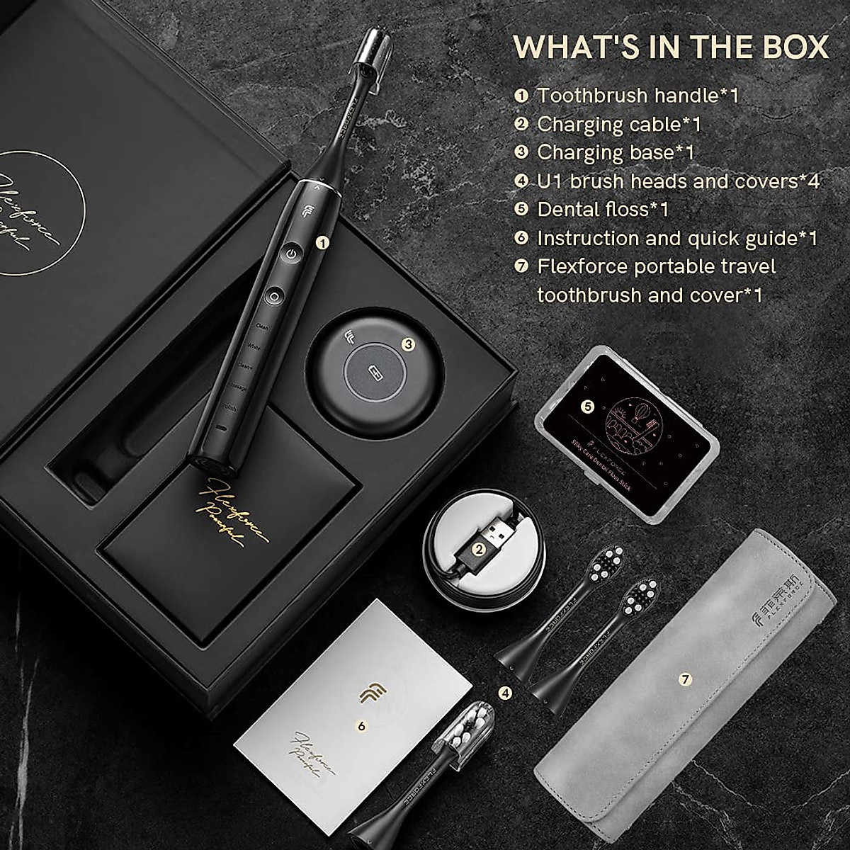 Flexforce Adult Sonic Electric Travel Toothbrush with Metal Handle with 4 Duponts Brush Heads, 1Travel Cover, 1Water flosser, 5 Modes, Wireless Rechargeable Battery 1000 for 30 Days Use, Gray U1B