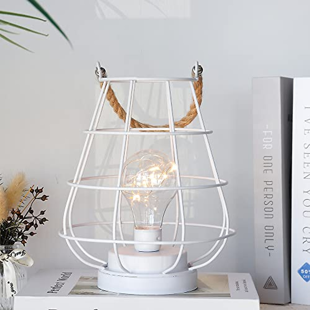 JHY DESIGN Decorative Cage Bulb Lamp Battery Powered Lights 8.5" Tall Cordless Accent Light with Edsion Style Bulb Great for Weddings Parties Patio Events for Indoors Outdoors(White)