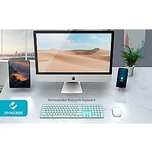 JOYACCESS Bluetooth Multi-Device Wireless Slim Quiet QWERTY Keyboard with Numeric Keypad, Profile Aluminum Keyboard for Laptop, Computer, PC, Windows (Blue & White)