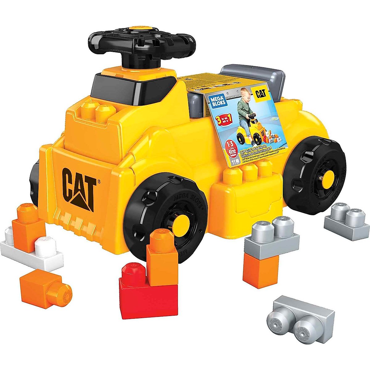 MEGA BLOKS First Builders Cat Toddler Building Blocks Toy Set, Build ‘n Play Ride-On with 11 Pieces and Storage, Yellow, Ages 1+ Years