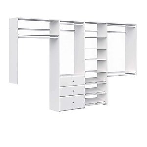 Dual Tower Closet Storage Wall Mounted Wardrobe Organizer Kit System with Shelves and Drawers for Bedroom in White with Hardware Wood Closet, Storage & Organization