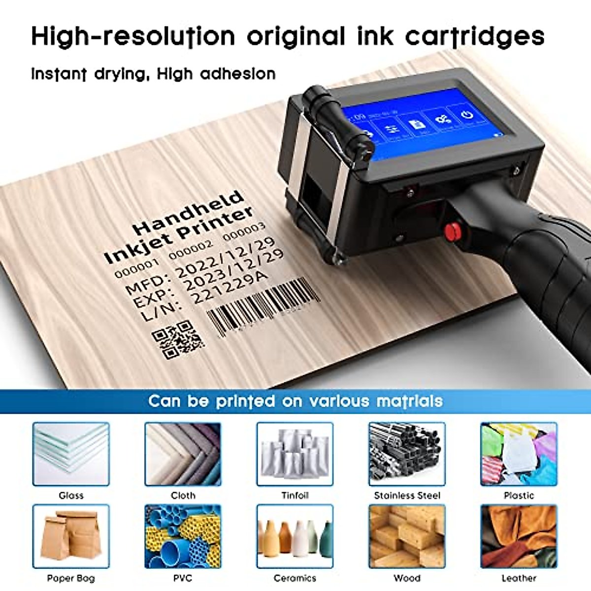 BESHENG Handheld Inkjet Printer JS12H2 Inkjet Coder Printing Height 0.08-1 Inch with Quick-Drying Ink Portable Handheld Printer with 4.3" Touch Screen for Date/Barcode/Label/Logo/QRcode Any Surface