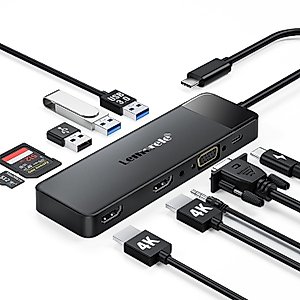 Lemorele USB C Docking Station for Laptop, 10 in 1 Triple Display Monitors Adapter w/4K Dual HDMI, 1080P VGA, 3 USB3.0/2.0, TF/SD 2.0, 3.5mm Audio, 100W PD, for MacBook, HP, Dell, Lenovo, Surface