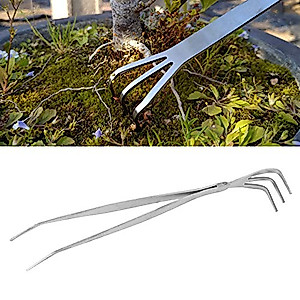 Root Rake with Tweezer, Bonsai Gardening Tools, 2-in-1 Stainless Steel Root Rake Bonsai Tweezers Soil Farming Tool with Ergonomical Handle