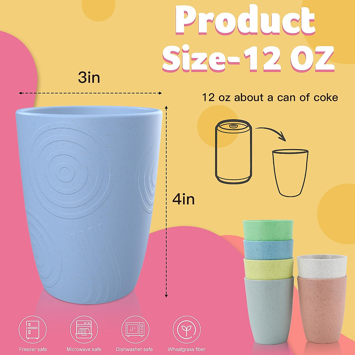 Homienly Wheat Straw Cups Reusable Drinking Glasses- Set of 6 Alternative to Plastic Cups 12 OZ Water Tumblers Unbreakable Drinking Cups for Kitchen,Kids Dishwasher and Microwave Safe (Macaron Series)