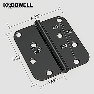 KNOBWELL 3 Pack 8-Hole 5/8-Inch Radius Door Hinges for Interior and Exterior Door Use, 4-Inch by 4-Inch Matte Black Door Hinges