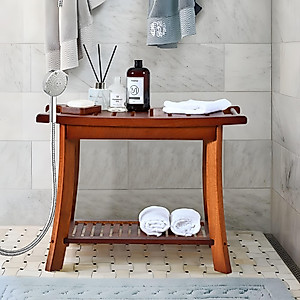 Jekruiet Teak Shower Chair Stool, 24 Inch Shower Bench Seat, Wooden Bathroom Bench with Storage Shelf for Adults, Elderly, Disabled Indoor & Outdoor Use