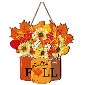 Newcotte Fall Decoration for Home Thanksgiving Door Decor Hello Fall Sign Maple Leaves Hanging Sign Fall Door Hanger Autumn Wreath for Front Door Thanksgiving Porch Outdoor Home Decor(Autumn Style)