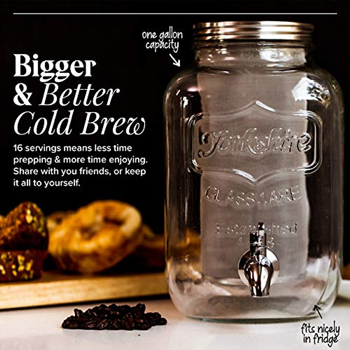 Willow & Everett Cold Brew Coffee Maker - 1 Gallon Iced Tea & Coffee Cold Brew Maker - Glass Pitcher w/ Stainless Steel Spout and Removable Filter