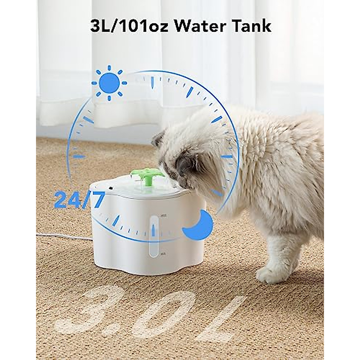 HICC PULE Cat Water Fountain, 101oz/3L Ultra Quiet Automatic Pet Water Fountain with Water Level Window, BPA-Free Dog Water Dispenser with with Two Flow Modes, Multi-Filtration