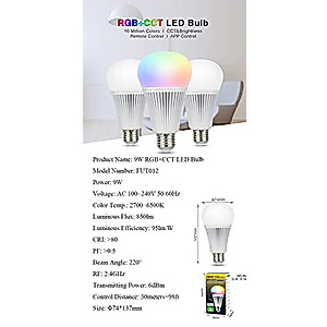 LGIDTECH FUT012 9W RGBWW Smart WiFi 2.4GHz LED Light Bulb RGB+CCT Color Changing & Temperature Adjustable with Memory.Remote and Gateway Hub for Smartphone APP Control All is Sold Separately