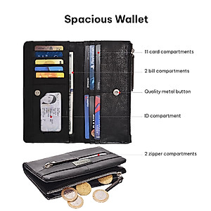 VALENCHI Leather Wallet For Women RFID Blocking Slim Minimalist Ladies Long Clutch Purse Organizer Credit Card Holder Slots with Zipper Pocket (Black Nappa)