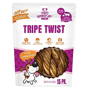 Chewer's Joy Tripe Twist 15pk 6-7in, Premium Quality, High in Protein for Strong Muscles and Bones, Minerals Like Iron & Zinc Naturally Present to Help Boost Immune System. Long Lasting chew