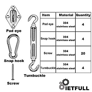 Shade&Beyond Shade Sail Hardware Kit,IETFULL Rectangle and Square Heavy Duty Sun Shade Sails Installation for Patio Lawn and Garden