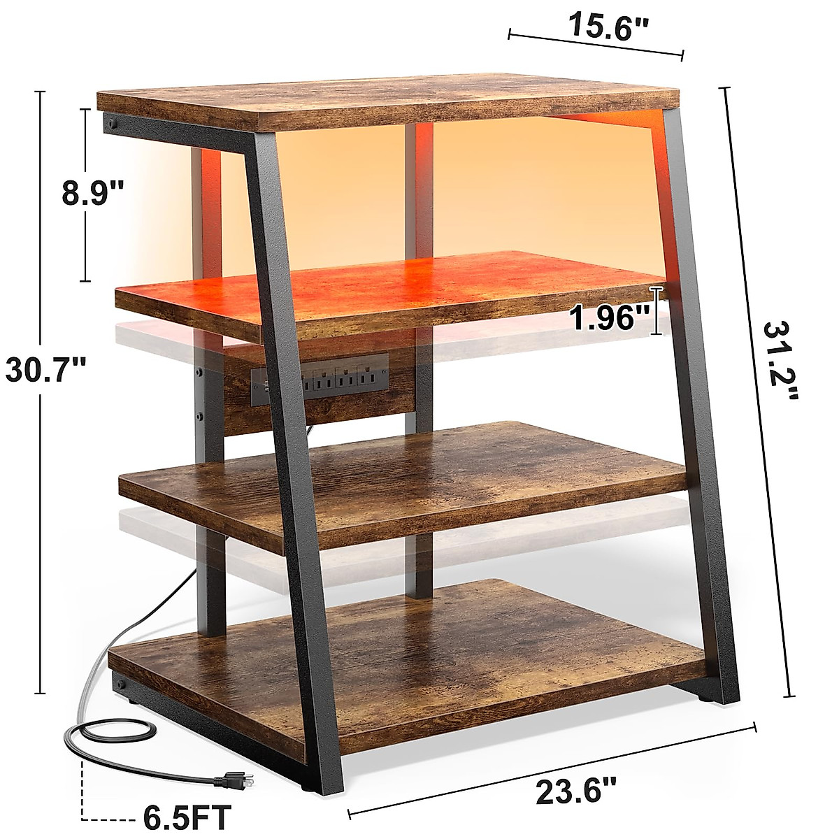 AV Media Stand with Outlets, Media Console with LED Lights, Stereo Racks and Stands with Storage Shelves, Media Audio Tower Cabinet, Rustic Brown