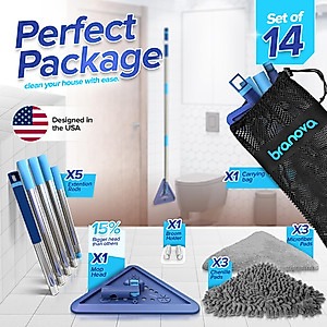 Branova 85" Extendable Wall Cleaner Mop - 360° Rotatable Ceiling Cleaner, Baseboard Cleaner Tool with Handle, Wall Mop with 6 Reusable Mop Pads & Mop Holder - Triangle Mop for Walls and Floors