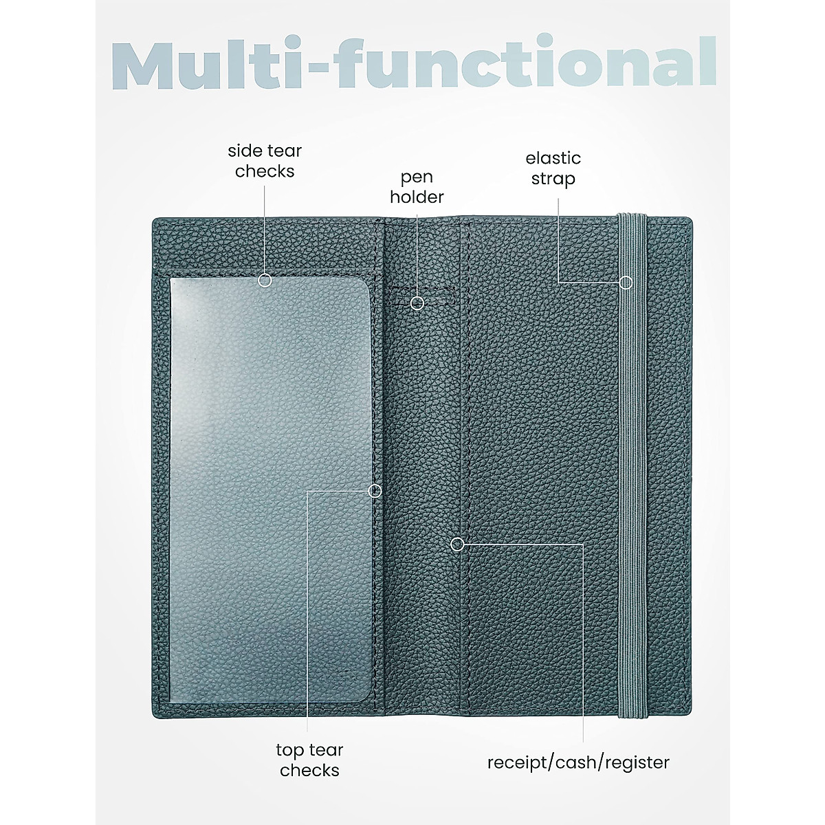 Yarnic Checkbook Cover for Personal Checkbook, Checkbook Holder with Pen Holder & Built-in Clear Plastic Divider for Duplicate Checks (Vert Gris)