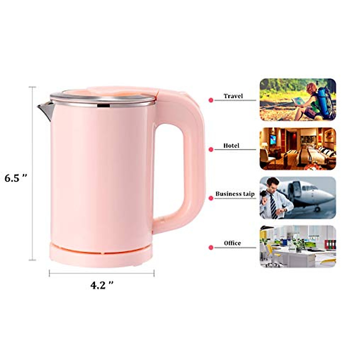 Eglaf 0.5L Small Electric Kettle - Portable Mini Stainless Steel Travel Kettle - Water Touch Inner Surface without Plastic & Cool Touch Outer Surface (Pink)