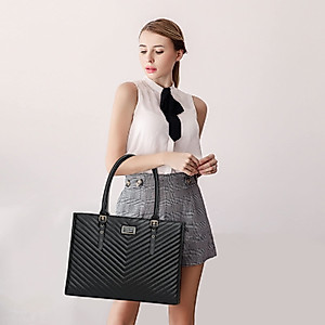 MOSISO Laptop Tote Bag for Women, 15.6 inch Computer Bag Compatible with MacBook, HP, Dell, Asus Notebook, 16 inch Large Capacity Quilted Leather Laptop Handbag with Clutch Purse, Black