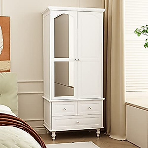 Homsee Wardrobe Armoire Wooden Closet with Mirror, 2 Doors, 3 Drawers, 4-Tier Storage Cubes and Hanging Rod for Bedroom, White (31.5”L x 19.7”W x 70.9”H)
