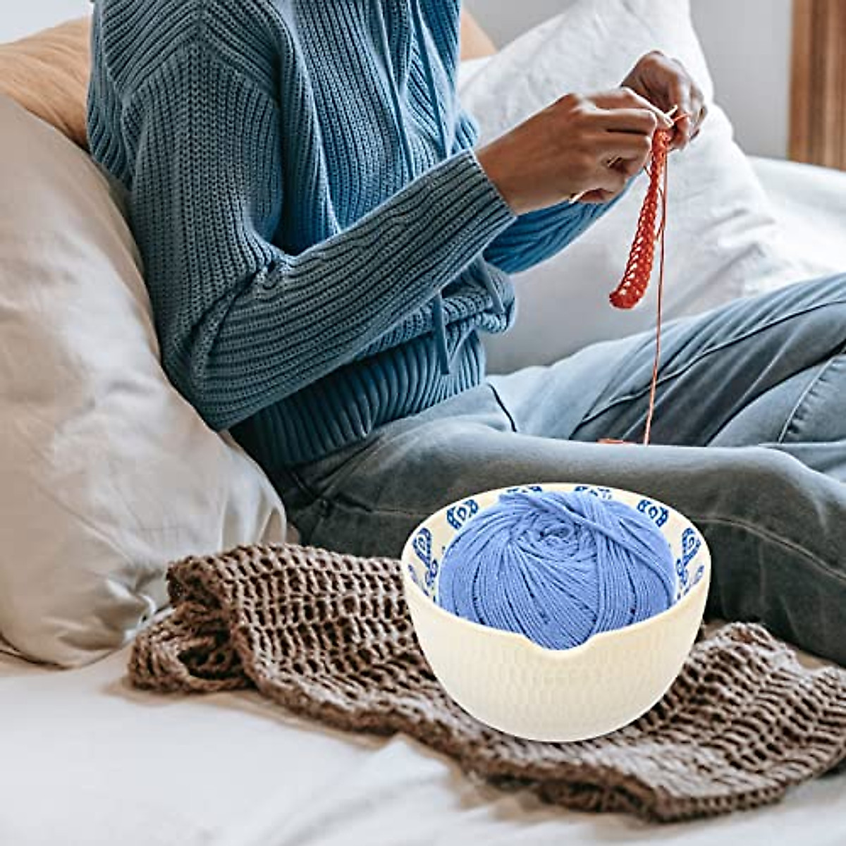 MAGICLULU Ceramic Yarn Bowl for Knitting and Crocheting Yarn Storage Bag for Beginner Crocheter Knitter Craft White