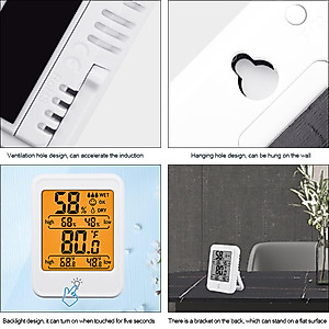[2 Pack] TIQUS Hygrometer Humidity Gauge Indicator Digital Indoor Thermometer Room Temperature and Humidity Monitor with Touch Backlight White