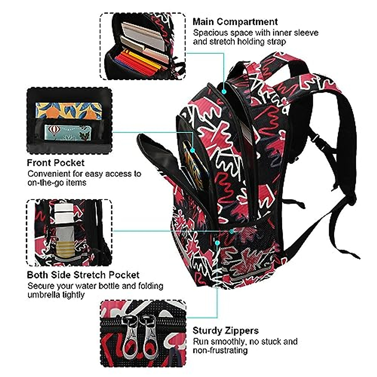 Sletend Kids Backpack Lightweight Bookbag in Prints for School Red Black Print Large Capacity School Boys Girls Backpack for Kids, Water-Resistant Bookbags Student School Bag