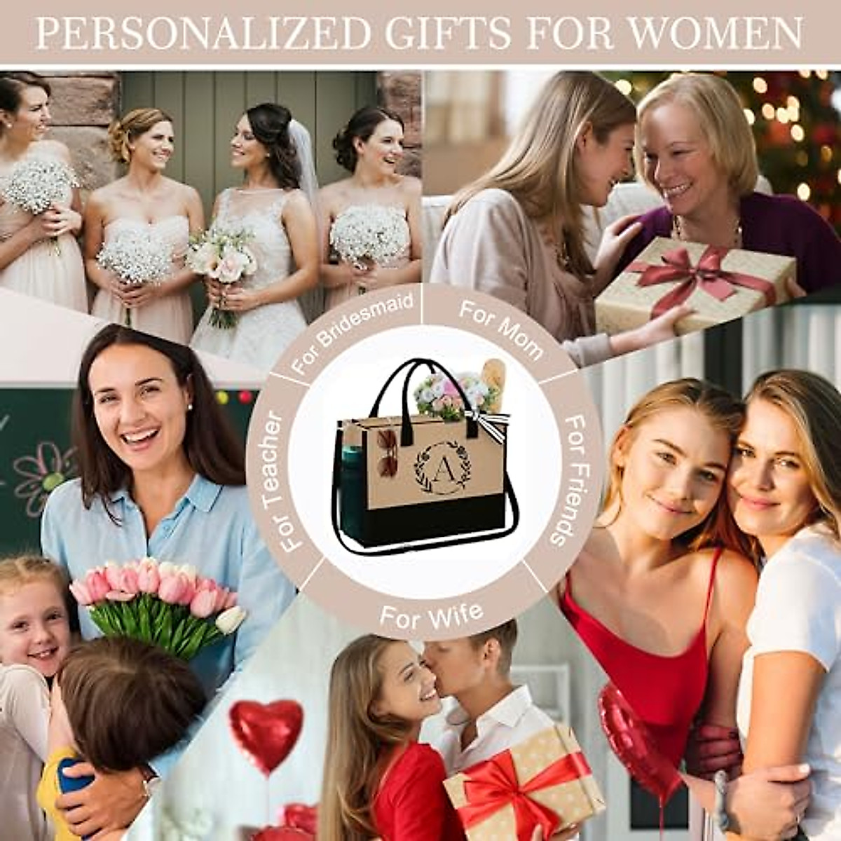 YOOLIFE Gifts for Women - Birthday Gifts for Women, K Initial Jute Tote Bag Gifts Friends Female Teacher Appreciation Gifts Personalized Bridesmaid Wedding Gifts Mom Birthday Gifts for Her Women