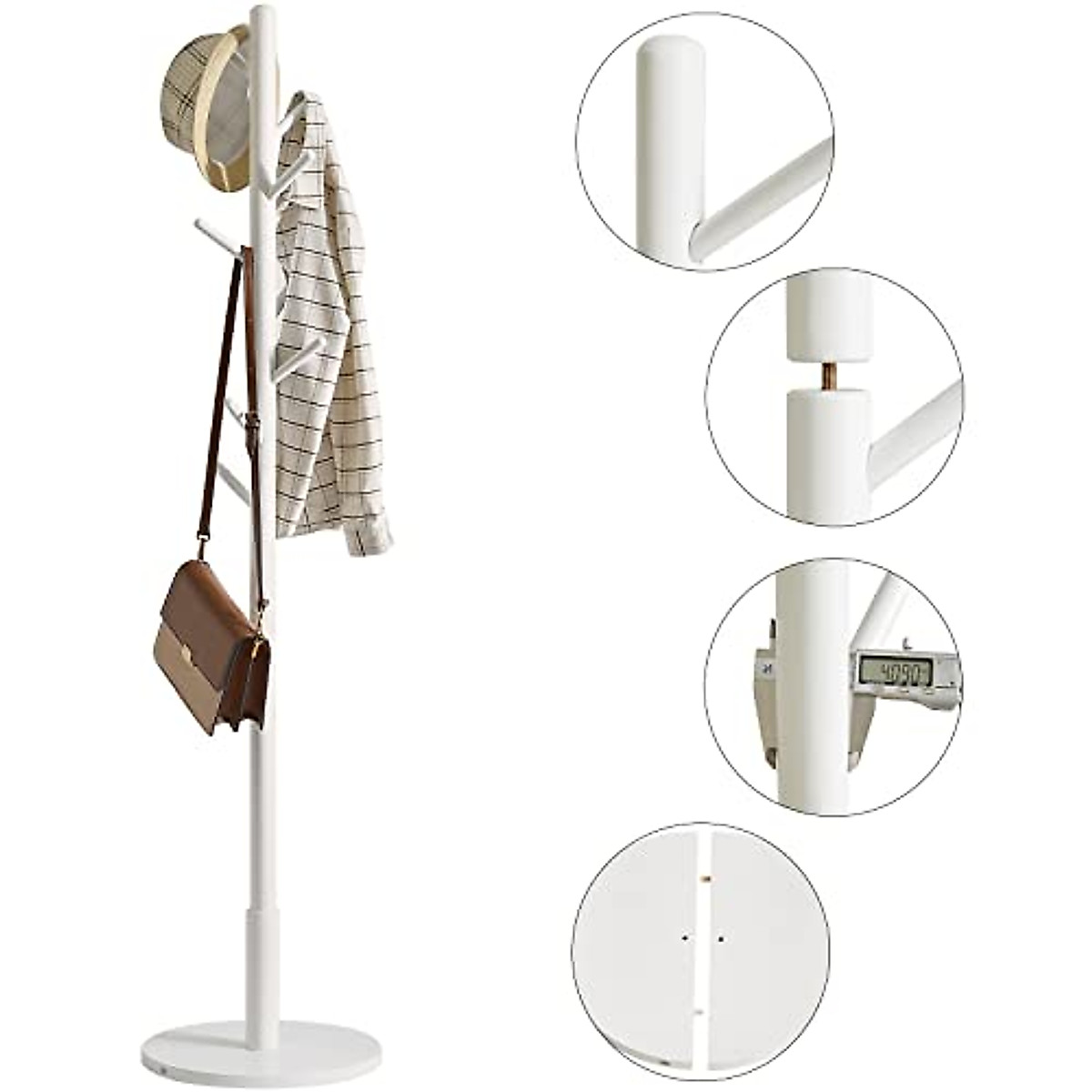 IBUYKE Coat Rack Stand, Freestanding Coat Tree with Solid Round Base and 8 Hooks, Easy Assembly Wooden Coat Hanger, Clothes Rack for Hallway Entryway, Living Room, Bedroom, Office, White WD-114
