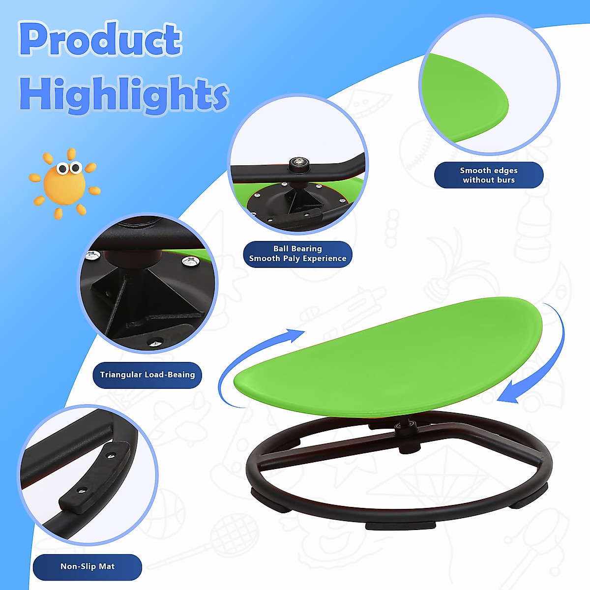 makarci Kids Sensory Swivel Chair - Spinning Chair for Autistic Kids, Toddlers & ADHD, Sit and Spin Toy for Autism Sensory Play, Body Coordination, and Relieving Motion Sickness (Green)