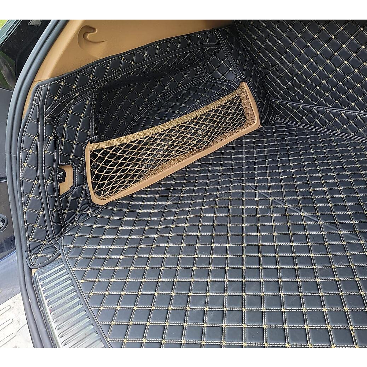 Worth-Mats Trunk Mat Compatible with Porsche Cayenne SUV Fuel 2019-2024 3D Full Coverage Cargo Liner Black with Gold Stitching
