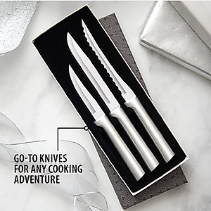 Rada Cutlery Cooking Essentials Knife Starter Gift 3 Piece Stainless Steel Set With Brushed Aluminum, Made in the USA, Silver Handle