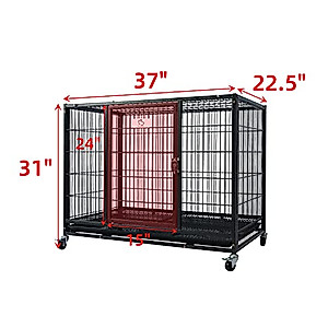 Homey Pet 37 inch Heavy Duty Dog Crate, Extra Strong Dog Cage for Medium Dog, Indoor High Anxiety Double Door Dog Crate on Wheels with Removable Tray