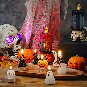 Rossesay 12 Pcs Halloween Decoration Candles Ghost Candles Pumpkin Skeleton Cat Witch Cute Mini Candles White Soy Wax Horror Tea Lights Spooky Candles Set for Autumn Halloween Party Home Decorations