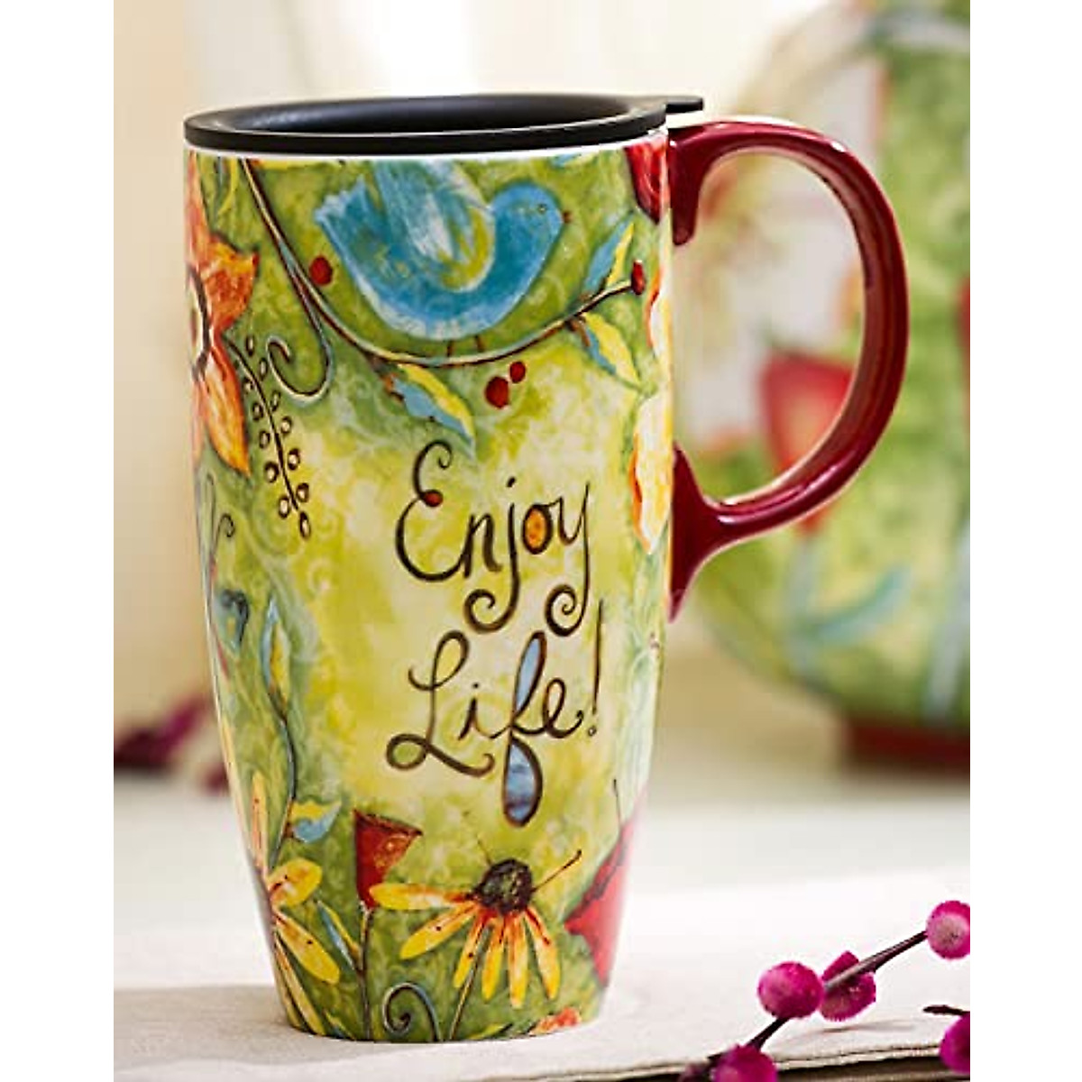 CEDAR HOME Coffee Ceramic Mug Porcelain Latte Tea Cup With Lid 17oz. Enjoy Life