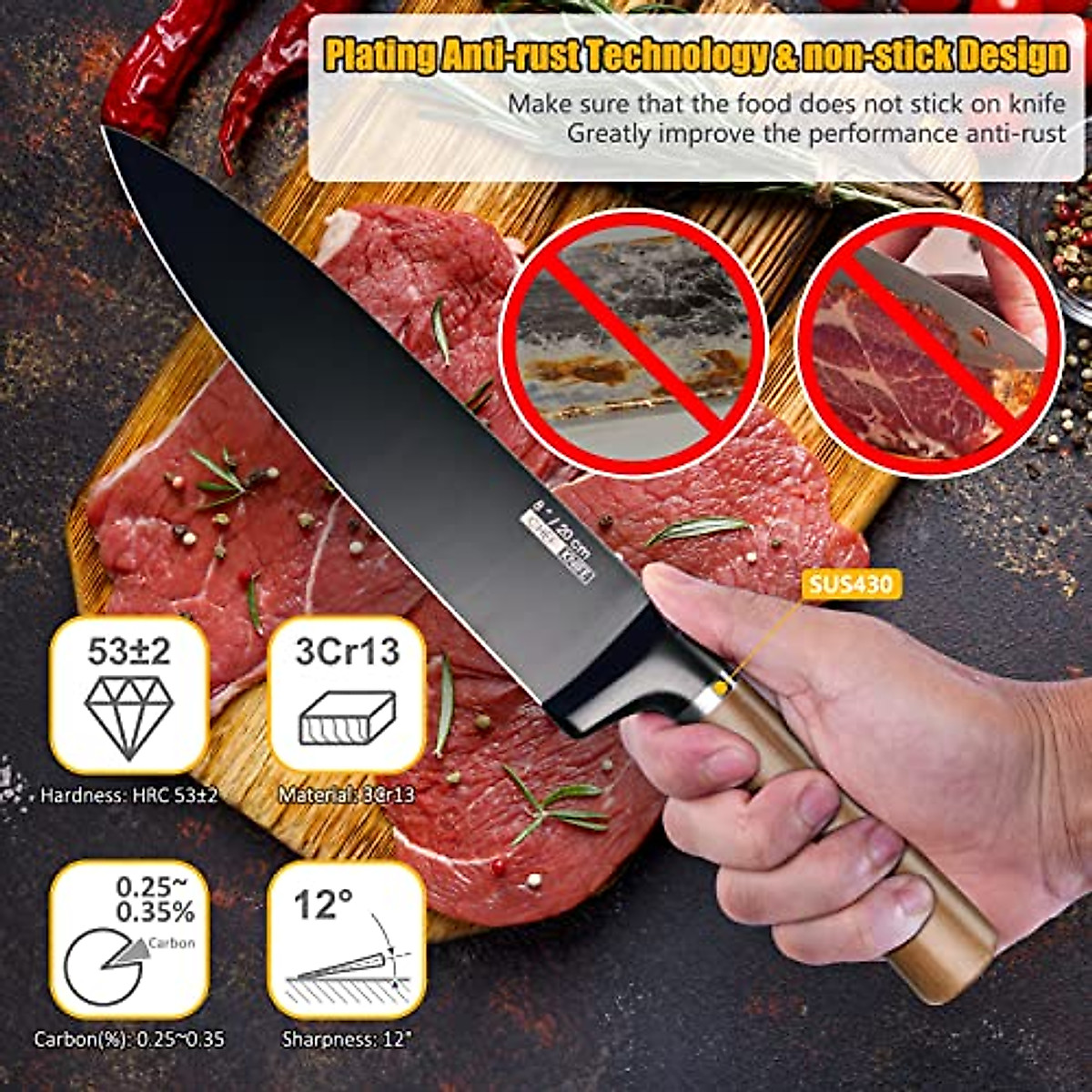 Knife Set, RITSU 7 Pieces Kitchen Knife Set with Block - Ultra Sharp Professional Chef Knife Set with Black Non-stick Coating Blade