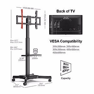FITUEYES Tall TV Cart Mobile TV Stand for 32 to 70 Inch LED LCD Flat Curved Screen TVs Rolling Black Swivel Floor Stand with Height Adjustable Shelf & Lockable Casters - VESA 600x400mm, holds up 88lbs