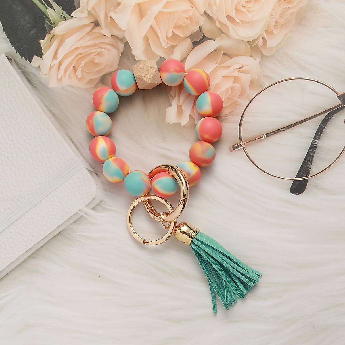 Coolcos Silicone Key Ring Bracelet for Women Portable Keychain Holder, Car Keychain Elastic Beaded Wristlet with Tassel (rainbow colorful)