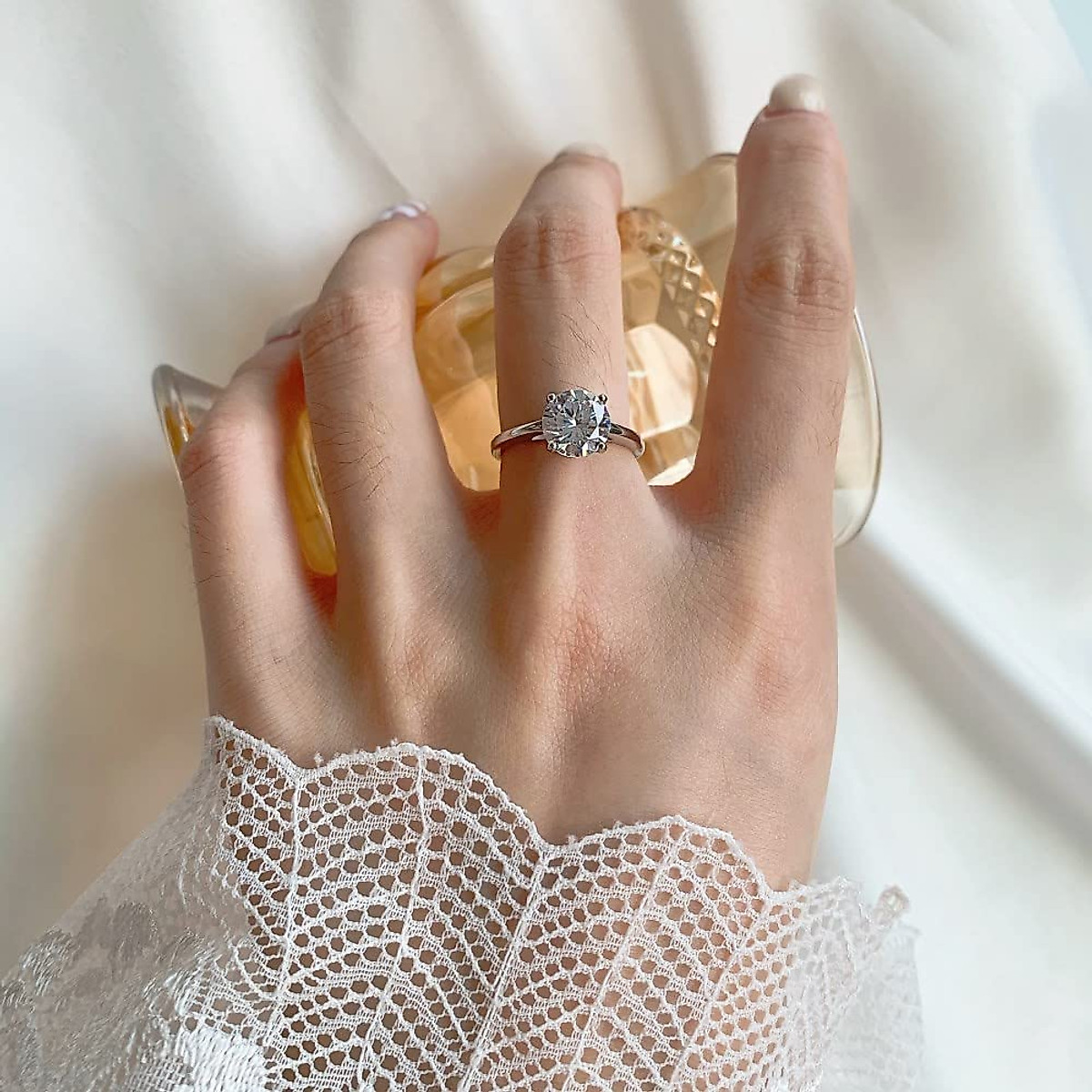 Blocaci Solitaire Engagement Rings for Women 1 Carat Classic Round Moissanite Wedding Rings 925 Sterling Silver 10K 14K 18K Gold Anniversary Promise Rings for Her with Text Engraving (10K Gold)