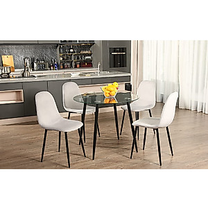 5 Pieces Dining Room Table Set for 4 - Round Glass Table - Velvet Dining Chairs - Modern Kitchen & Dining Room Sets for Dining Room, Kitchen,Dinette or Compact Space (Black Table + Light Grey Chairs)