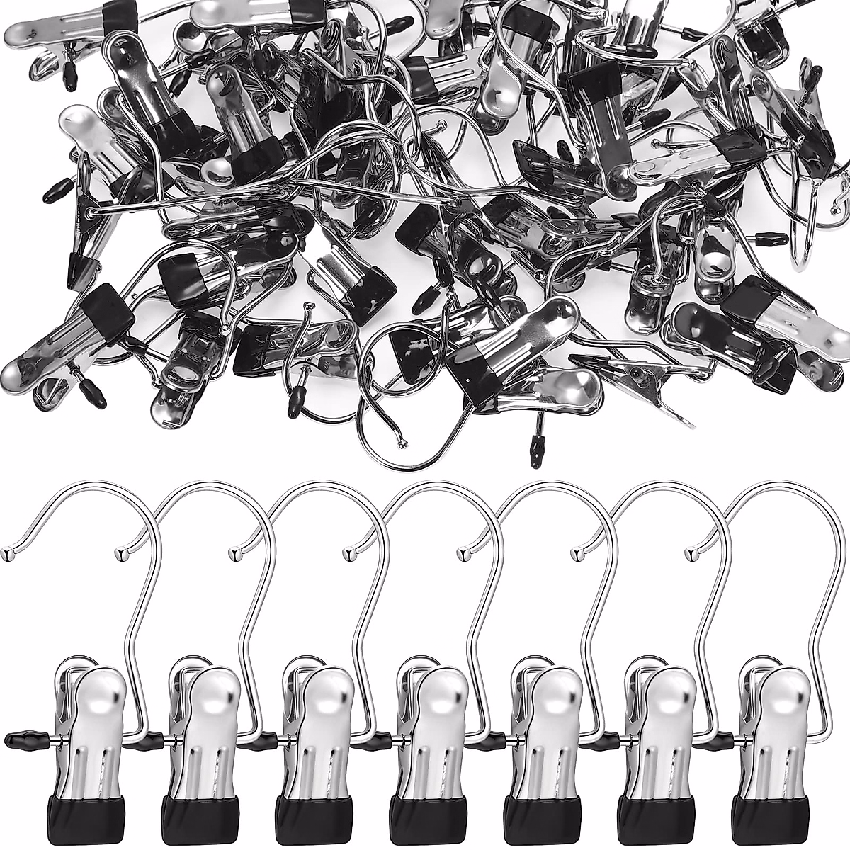 150 Pcs Boot Hangers Clips Laundry Hooks Hanging Stainless Steel Clothes Pins Portable Clip Hangers for Closet Travel Socks Pants Handbags Hats Towels (Black)