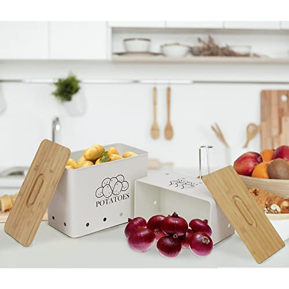 Gdfjiy Potato Onion Kitchen Storage Canisters,Storage Bin For Kitchen 2 Pack Set,potatoe, Potato Storage Box，storage And Long Shelf Life With Aerating Tin Storage Holes-white