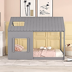 Woanke Kids House Bed Full Size, Floor Bed Full with Roof and Window, Solid Wood Floor Bed Frame Cabin Fun Playhouse Bed for Girls, Boys, Children