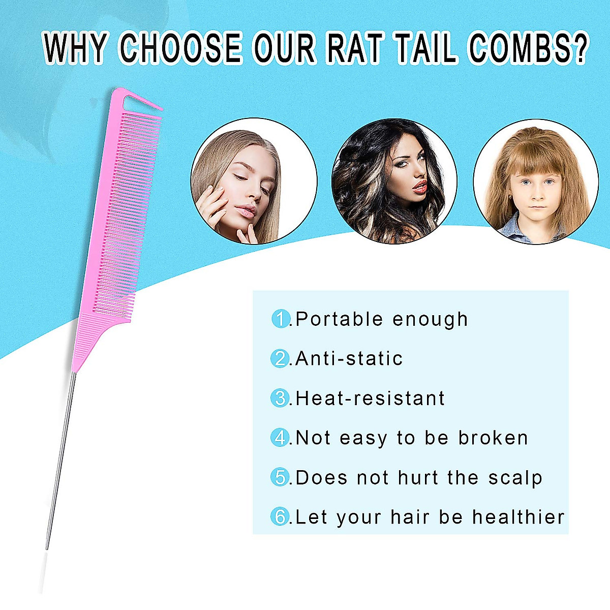 3 Packs Hair Comb, WantGor 2 Pieces Rat Tail Combs Steel Pin and 1 Piece Hair Cutting Comb for Hair Salon or Home