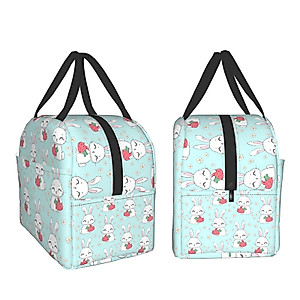 Ucsaxue Cute Bunny With Strawberry And Flowers Lunch Box Reusable Lunch Bag Work Bento Cooler Reusable Tote Picnic Boxes Insulated Container Shopping Bags For Adult Women Men