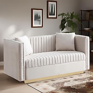 PUG258Y Loveseat Modern Sofa Couch: 61.4 Inchs Mid-Century Sofa with Extra Deep Seats, 2 Seater Sofa Couch for Living Room Apartment Lounge and Office, Dual Pillows, Velvet - Medium Beige