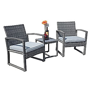 Patiorama 3 Pieces Outdoor Patio Furniture Set, Outdoor Wicker Conversation Set, Patio Rattan Chair Set, Modern Bistro Set with Coffee Table, Garden Balcony Backyard Poolside (Light Gray)