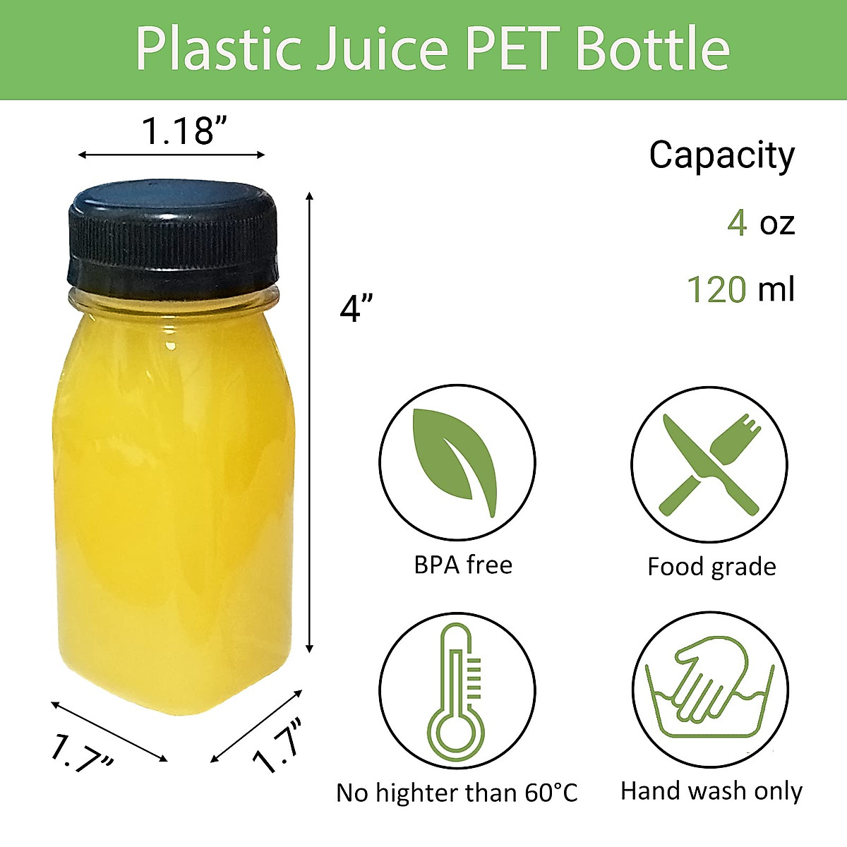 zmybcpack 48pcs 4oz Small Plastic Juice Bottles with Caps, Plastic Ginger Shot Bottles Reusable Mini Juicing Bottles with Tamper Evident Lids for Homemade Beverage