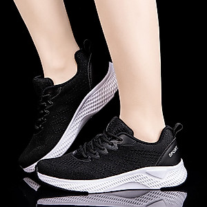 Womens Sneakers Durable Non Slip Sneakers Casual Breathable Round Toe Tennis Shoes Fashion Wide Fitting Sneakers Loafers Ladies Lightweight Soft Sole Running Hiking Jogging Shoes Black