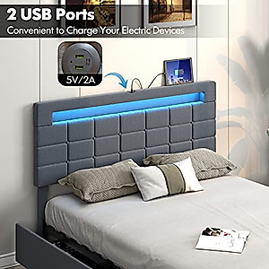Giantex Queen Bed Frame with LED Lights and 4 Drawers, Upholstered Platform Bed Frame with USB Ports, Tufted Adjustable Headboard Design, Solid Wooden Slat Support, No Box Spring Needed